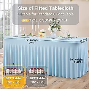 Htper 2 Pack Baby Blue Spandex Table Clothes for 6 Foot Rectangle Tables, Wrinkle Free Fitted Table Cover 6ft Stretch Tablecloths with Skirt for Parties Weddings Birthday Banquet Baby Shower