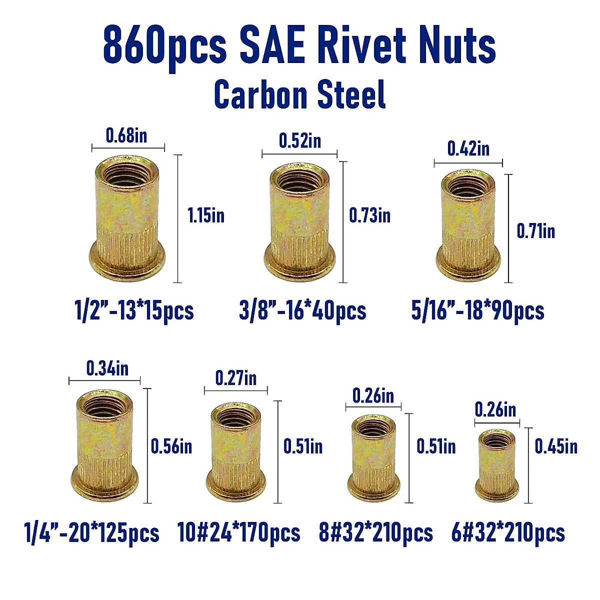 860pcs Rivet Nut Kit, SAE UNC Rivet Nuts Assortment Carbon Steel Flat Head Rivnut Threaded Insert Nut Including 6#-32, 8#-32, 10#-24, 1/4"-20, 5/16"-18, 3/8"-16, 1/2"-13, Yellow Zinc Plated Finish
