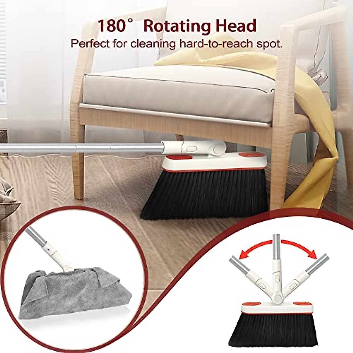 JEHONN Broom and Dustpan Set for Home, Long Handle Lightweight 180 Degree Rotating Broom Set Indoor, Upright Standing Dust Pan with Comb Teeth, Store Sweep Set for Room Kitchen Office (Grey & Red)