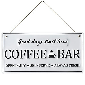 Coffee Signs For Coffee Bar.Metal Coffee Bar Sign Decor, Good Days Start Here,14" x 7". Coffe Bar Assecories, Hanging Coffee Sign for Farmhouse Kitchen Wall Decorations. Cocina De Cafe.(White)