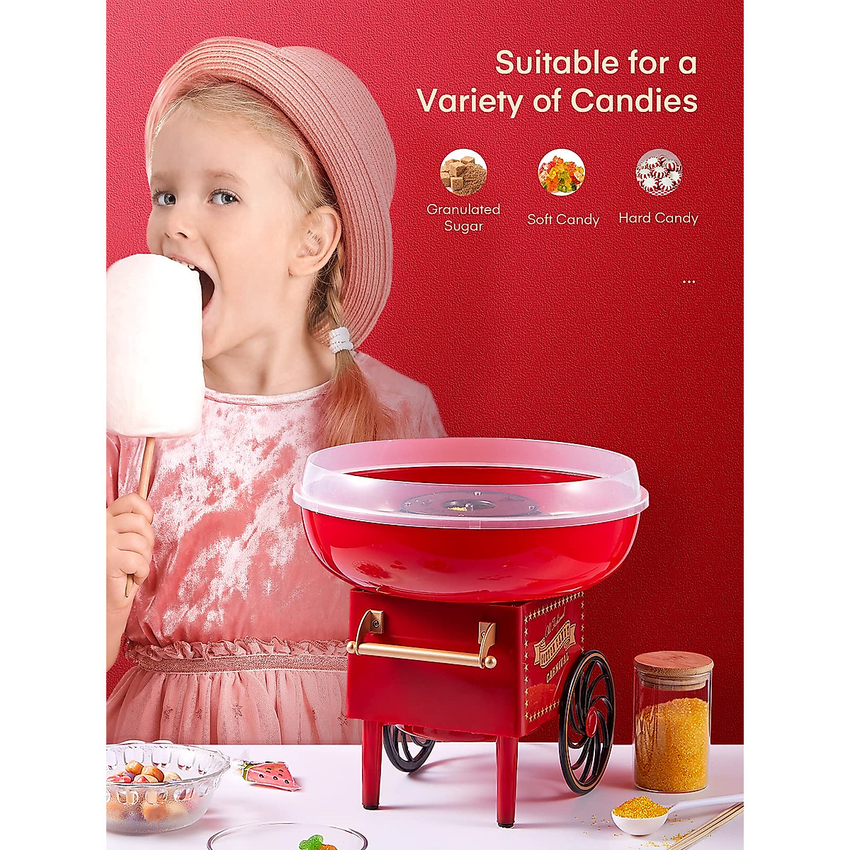 FOHERE Cotton Candy Machine for Kids, Nostalgia Cotton Candy Maker Include Sugar Scoop and 10 Cones, Homemade Sweets for Birthday Parties, Children's Day, Christmas Day and Wedding