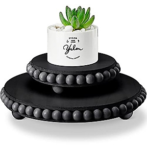 2 Pcs Beaded Wood Pedestal Stand Wooden Risers for Display Farmhouse Round Display Stands Decorative Accent for Coffee Bar, Bathroom, Kitchen Island, Plant Pot (Black, 6/9.5 Inch)