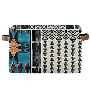 Large Foldable Storage Basket American Indian Aztec Geometric Pattern Storage Bin Canvas Toys Box Fabric Decorative Collapsible Organizer Bag with Handles for Bedroom Home