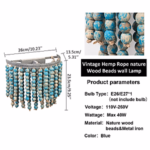 JCPYIUL Boho Wall Sconce, Vintage Art Deco Wall Sconce Indoor, Hardwired Hallway Sconces Wall Lighting for Bedroom Livingroom Entryway(Blue Wood Bead)