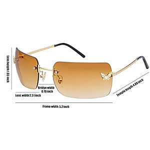 knliwkm Rimless Rectangle Y2k Sunglasses for Women Men Cute Small Frameless Pink Tinted Lens 2000S Fashion Shades with Butterfly