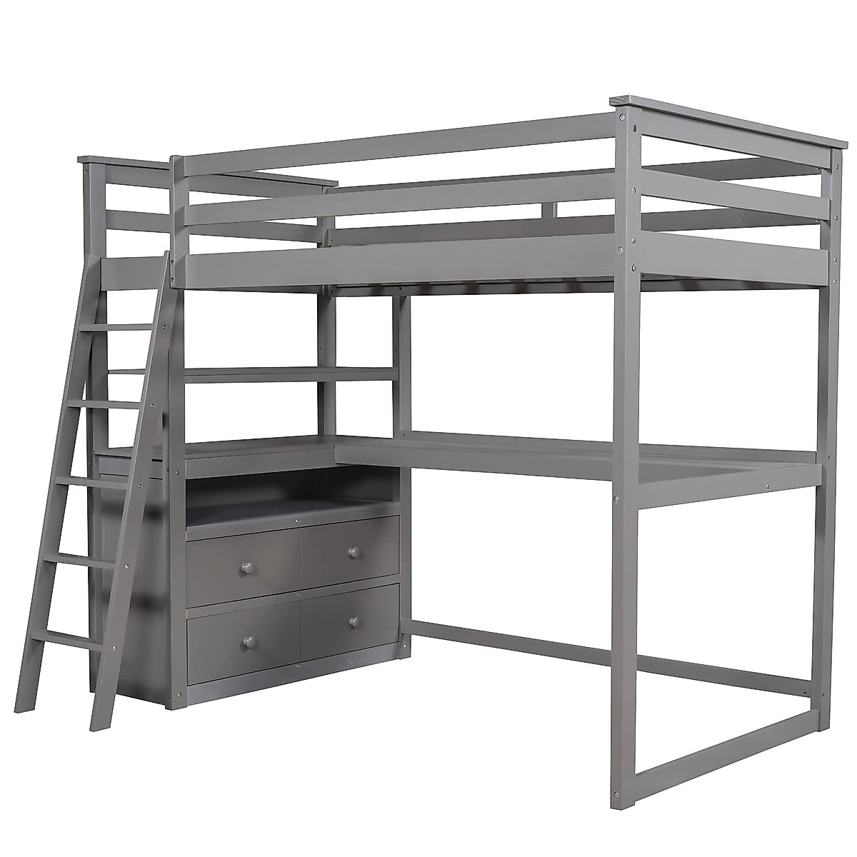 Twin Size Loft Bed with Desk and Drawers, Wood Twin Loft Bed with Storage Shelves, Angled Ladder and Wood Slat Support, High Loft Bed for Kids, Teens, Adults Boys & Girls, Gray