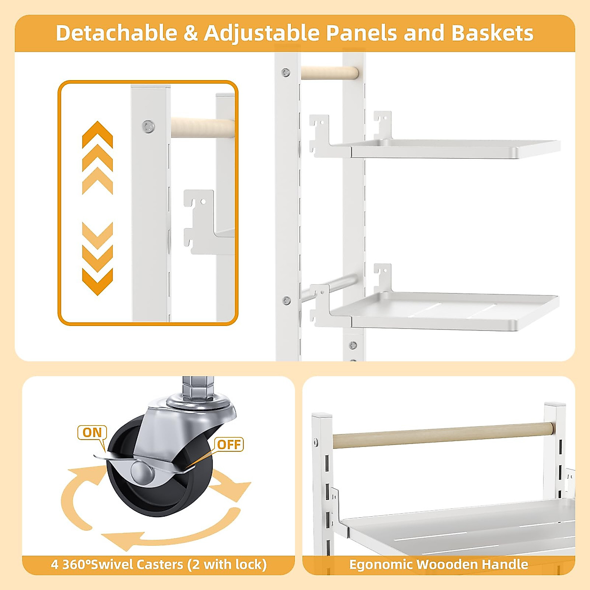Aratan 3 Tier Rolling Cart, Small Utility Cart on Wheels, White Detachable Kitchen Cart Storage Organizer Cart with Wooden Handle for Home, Office and Classroom