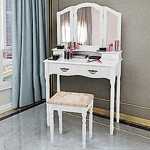 ReunionG Vanity Set w/Stool and Mirror, Multifunction Makeup Table Writing Desk w/Drawers, Trifold Large Mirror and Cushioned Stool, for Home Bedroom Vanity Dressing Table Desk (White)