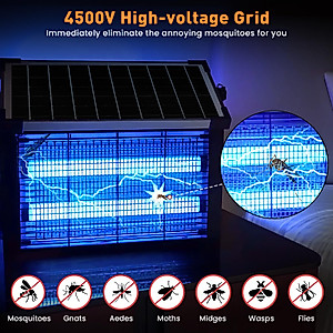 Bug Zapper Outdoor Solar Powered, Zwiran Mosquito Zapper Indoor with 4500V High Powered, Electric Fly Zapper with Extension Cord and Grounding Bracket, Rechargeable Waterproof Mosquito Killer