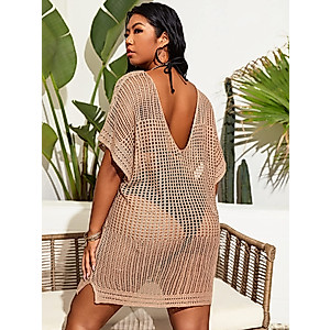 SOLY HUX Women's Plus Size Casual Summer Short Sleeve Cover Up Hollow Out Split Swimsuit Bikini Beach Dress Camel 3XL