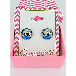 Stainless Steel Cool Cat in Sunglasses Print Glass Stud Earrings 12mm