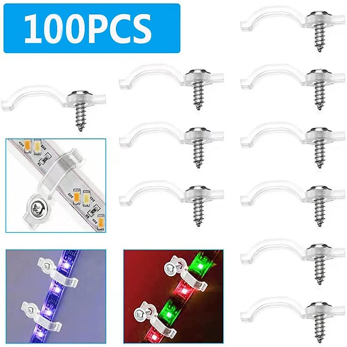 100 Pack Strip Light Mounting Bracket,Transparent Fixing Clips for 10mm Wide IP65 Waterproof 5050 LED Strip Light,One Side Fixing,100 Screws Included