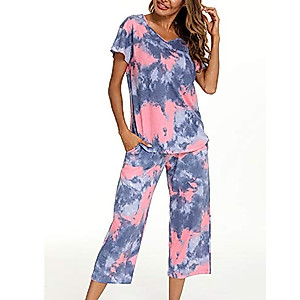 ENJOYNIGHT Women's Tie Dye Printed Pajama Sets Sleepwear Top with Capri Pants Lounge Sets with Pocket(X-Large, Blue Pink)