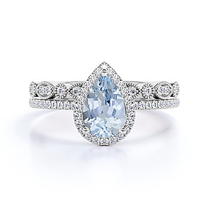 PB Collection Pear Shape Aquamarine & CZ Vintage Halo Wedding Bridal Ring Set 925 Sterling Silver