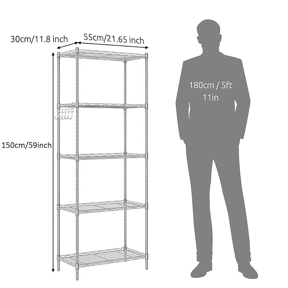 Cozzine 5 Tier Storage Shelves, Adjustable Storage Shelves 21"x 11"x 59" Heavy Duty Steel Tube Wire Shelving Unit (Silver)