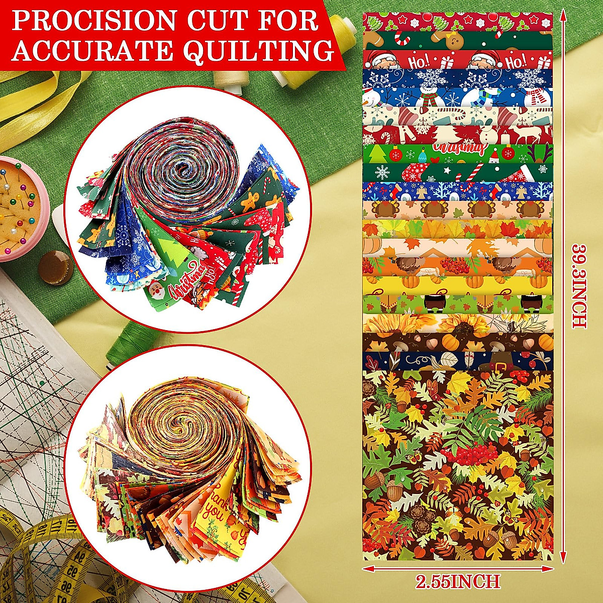 Tatuo 80 Pcs Thanksgiving Christmas Cotton Fabric Strips Set Roll up Fall Fabric Bundle 2.55 Inch Quilting Fabric Precut Roll for Quilting Patchwork Sewing DIY Craft Blanket Purse Making Supplies