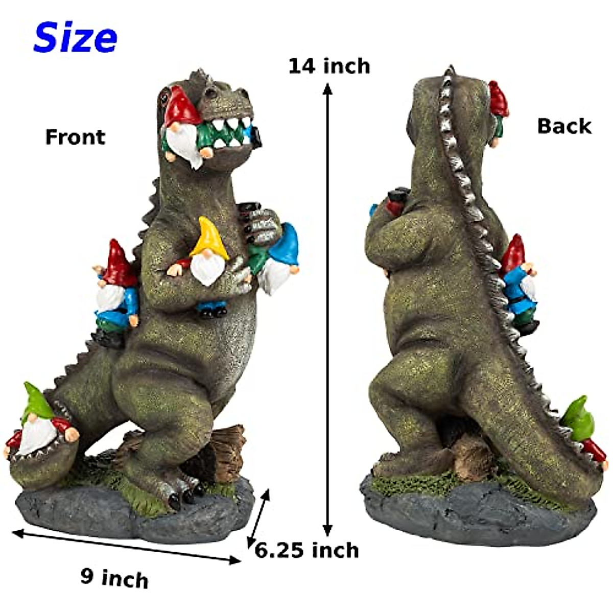 Malister 14 Inch Dinosaur Gnomes Garden Statues for Fall Winter Garden Decor, Garden Gnomes Statues Outdoor Decor, Outdoor Statues for Patio, Lawn, Yard Decorations Outdoor, Housewarming Garden Gifts