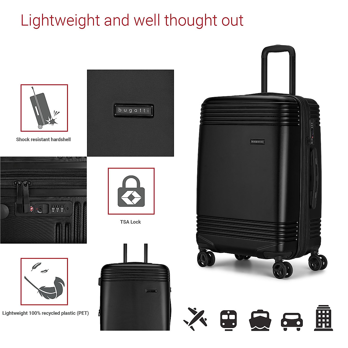 Bugatti Nashville Collection 20 Inch Hard Shell Spinner Carry On Bag for Airplanes, Hardside Expandable Suitcase with 360-Degree Spinner Wheels, Retractable Handle, Airline Approved, Black