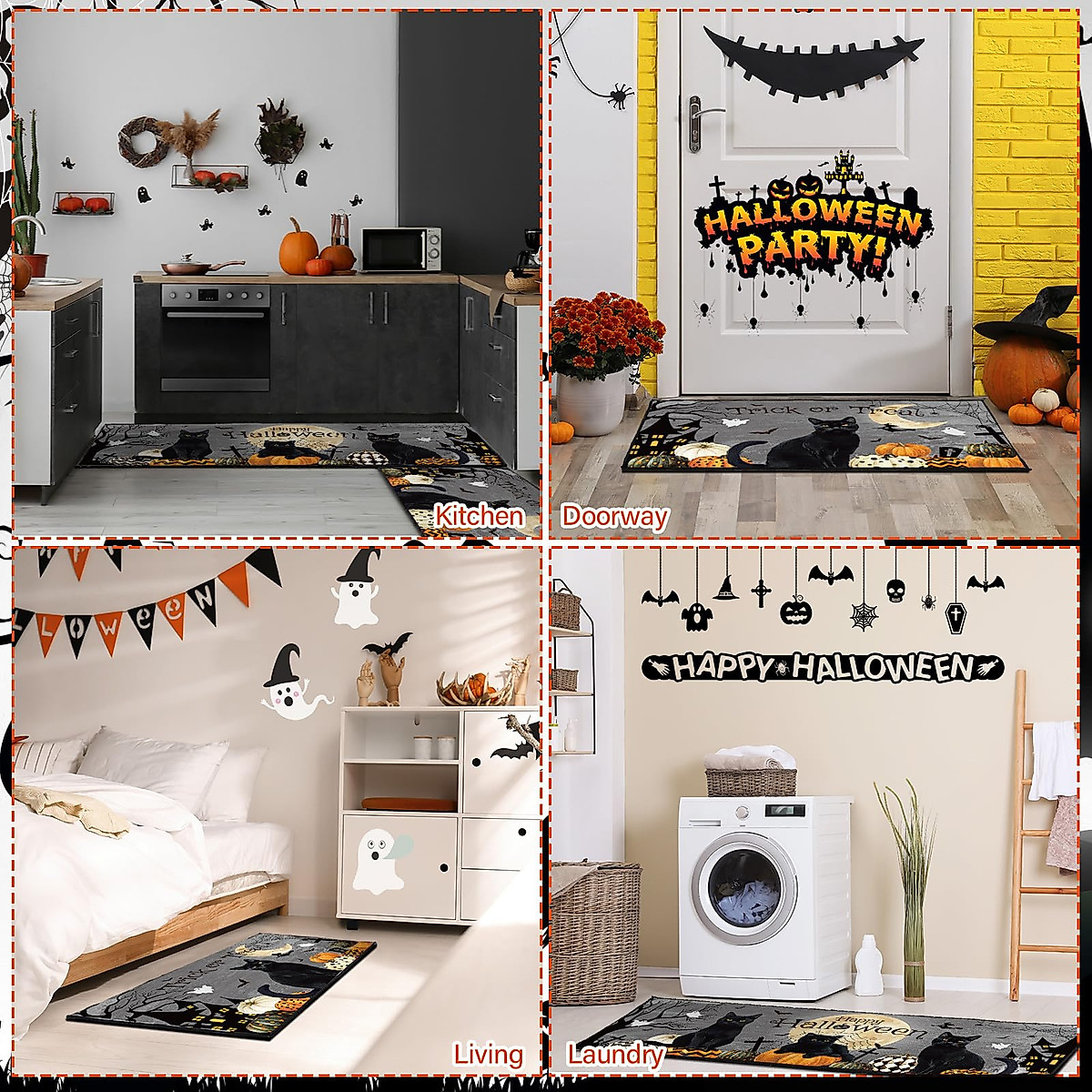 Duraaamo Set of 2 Halloween Cat Kitchen Mats Pumpkin Black Cat Kitchen Mats Trick or Treat Happy Halloween Mats and Rugs for Kitchen Home Decor Halloween Decorations and Accessories