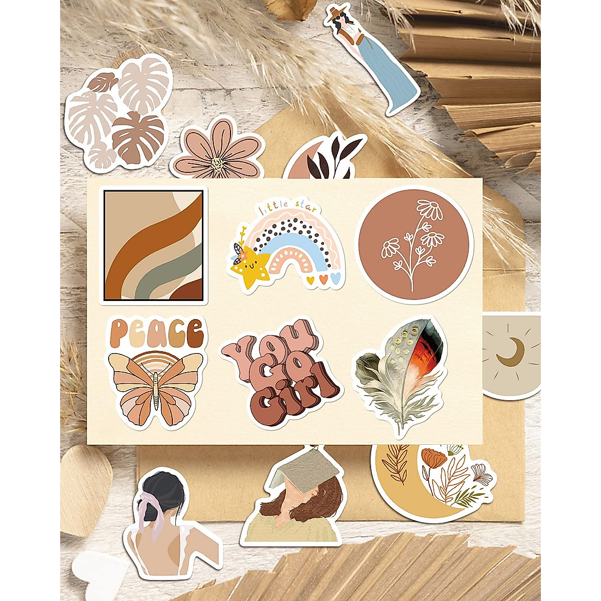 200 Pcs Water Bottle Stickers for Teens Girls, Cute Boho Preppy Stickers for Water Bottles, Waterproof Vinyl Stickers Aesthetic, Laptop Journal Scrapbook Stickers, Cute Sticker Pack Warm Colour