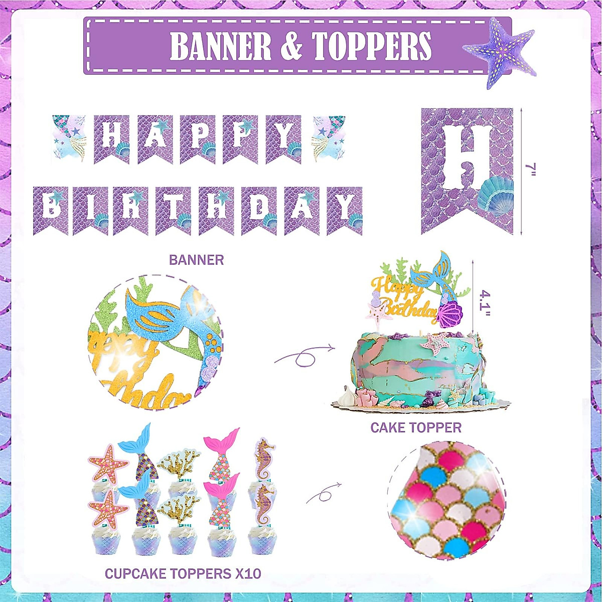 Fiesec Mermaid Birthday Party Decorations, Mermaid Backdrop Balloon Garland Arch Cutout Banner Tablecloth Cake Cupcake Topper Seashell Mermaid Tail Gold Teal Blue Purple 113 PCs