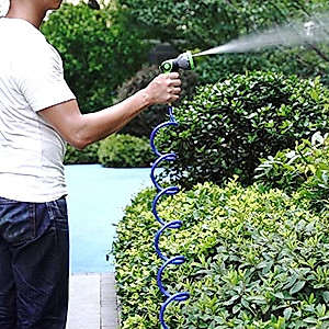 FangFarm Heavy-Duty EVA Coil Garden Hose with GHT Solid Brass Fittings, Water Hose with Brass Connectors, for Garden Lawn Watering, Car Washing (10FT, Blue)