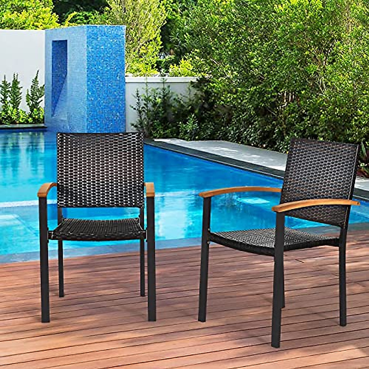 RELAX4LIFE Patio Rattan Dining Chairs Set Wicker Chairs with Steel Frame, Acacia-Covered Armrests Fire Pit Chairs for Porch, Poolside, Balcony, Lawn Indoor&Outdoor Furniture Armrest Chairs Set (4)