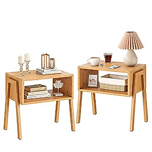 End Table Set of 2 Bamboo Stackable Bedside Table Living Room Nightstand 2-Tier Storage Shelf Wood Sofa Table for Small Space Bed Room Living Room