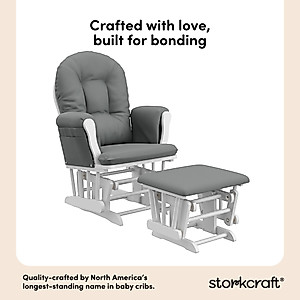 Storkcraft Premium Hoop Glider and Ottoman (White Base, Gray Cushion) – Padded Cushions with Storage Pocket, Smooth Rocking Motion, Easy to Assemble, Solid Hardwood Base
