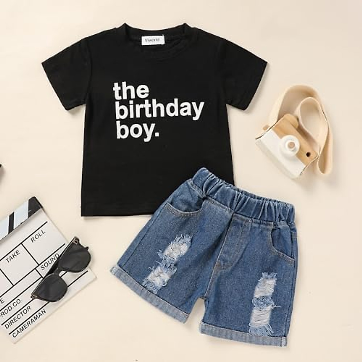 Viworld The Birthday Boy Clothes Baby Boy Short Sleeve Letter Print Shirt Denim Short Pants Cake Smash Outfit Set (Black, 12-18 Months)