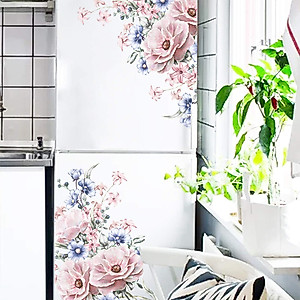 Floral Peonies Wall Stickers, Pink Blue Peony Rose Bouquet Flowers Removable Peel and Stick Wall Decal, DIY Art Vintage Blossom Flowers Wallpaper for Wedding Living Room Girls Room