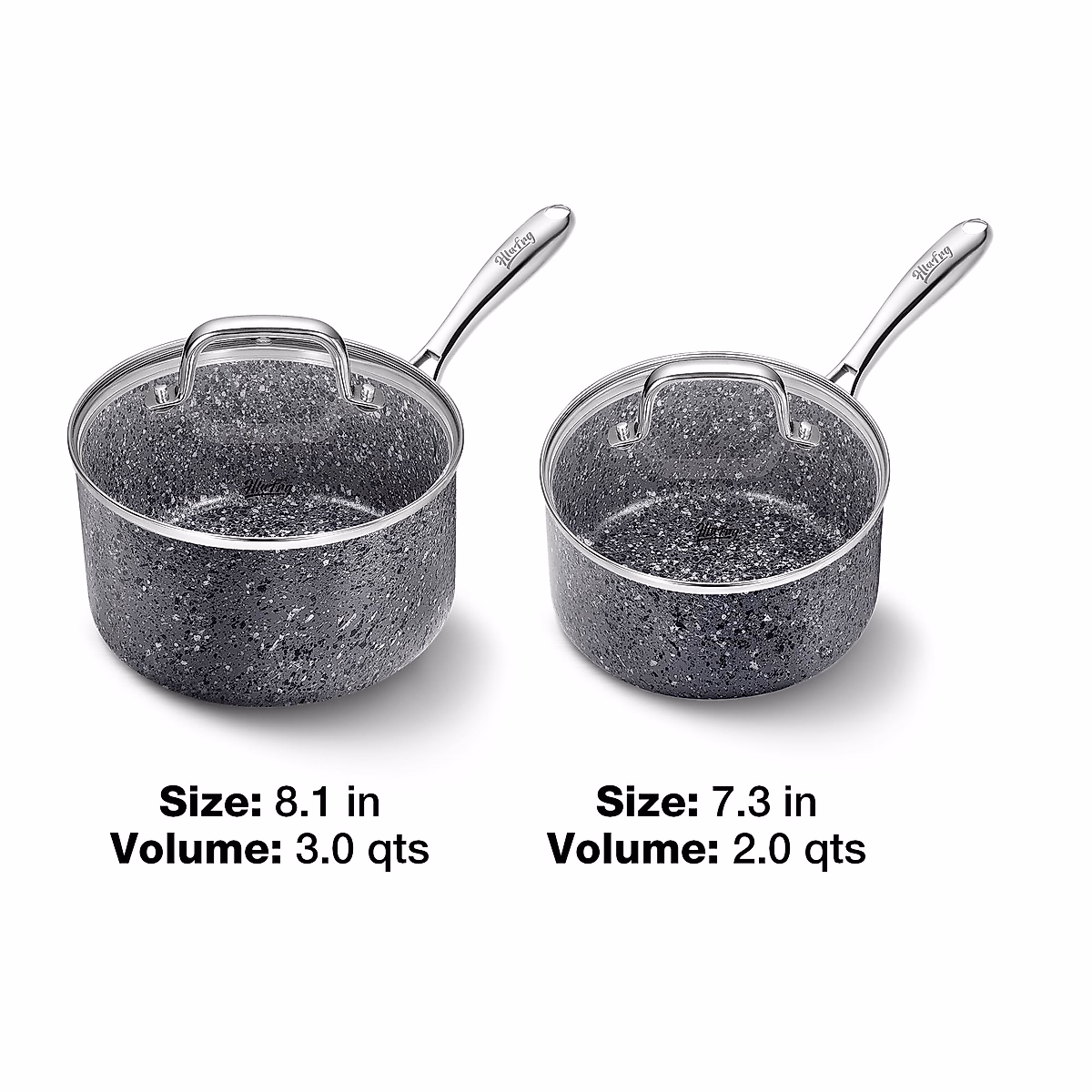 HLFRG Saucepan Set with Lid, Nonstick 2Qt & 3Qt Sauce Pan Set with Lid, Small Pot with Lid, Natural Granite Nonstick Saucepan Set, Small Sauce Pots, Grey Pot Set - 2Qt & 3Qt