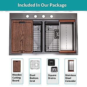 Strictly Sinks 33 inch Topmount Kitchen Workstation Sink Gunmetal Black 5050 Double Bowl 16 Gauge Stainless Steel Drop In Scratch, Stain Resistant Colander, Cutting Board & Bottom Protector Grid