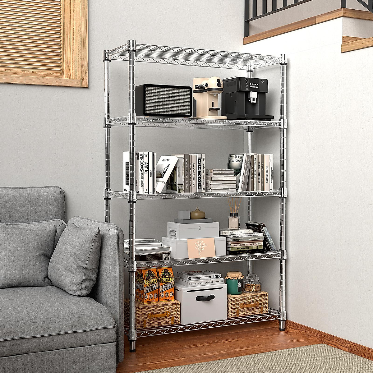 MZG 1250 lbs Steel Heavy Duty 5-Tier Utility Shelving Unit Steel Organizer Wire Rack for Home,Kitchen,Office,Chrome (13.7" D x 23.6" W x 62.4" H)