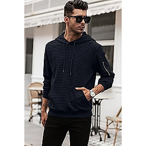 JMIERR Mens Waffle Hoodie Long Sleeve Drawstring Plaid Jacquard Hooded Zip Pockets Sweatshirt, US 46(XL), Blue