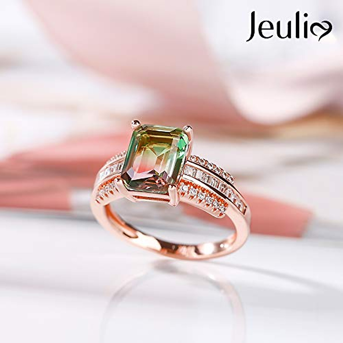 Jeulia "One of a Kind Emerald Cut Sterling Silver Watermelon Ring Engagement Rings for Women Anniversary Birthday Gift with Beautiful Jewelry Box (Square, 5)