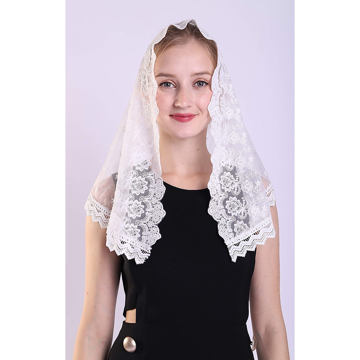 Grettytling Chapel Veil Embroidered Lace Mantilla Veil Head Covering Veils for Church，White