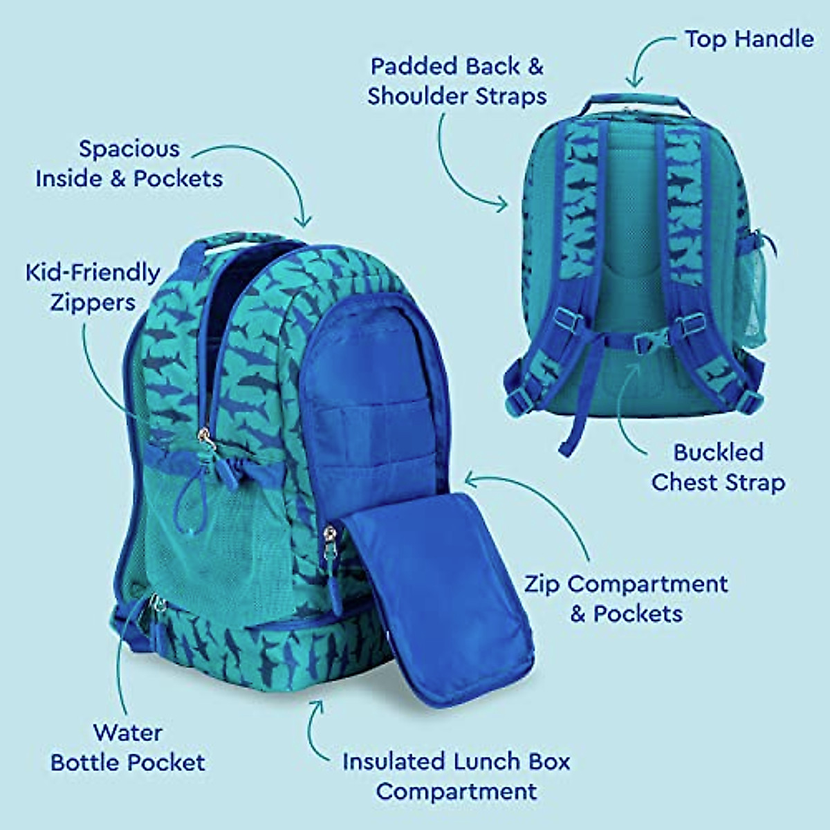 Bentgo® Kids 2-in-1 Backpack & Insulated Lunch Bag - Durable 16” Backpack & Lunch Container in Unique Prints for School & Travel - Water Resistant, Padded & Large Compartments (Shark)