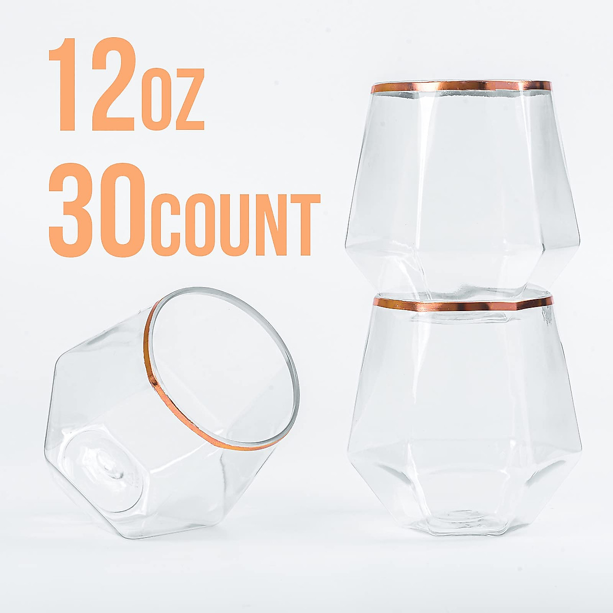 KARRAPAR Plastic Wine Glasses 30 Pcs 12 Oz Clear Diamond Shaped Stemless Rose Gold Rim Disposable Cups For Party Shatterproof Reusable Whiskey Cocktail Tumbler Unbreakable Glass