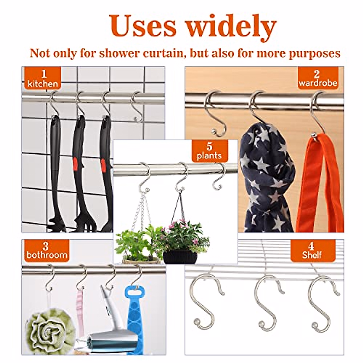 Nickel Shower Curtain Hooks Rings, Never Rust Proof and Durable Aluminum Shower Curtain Rings, Set of 12 S Hooks Hangers for Shower Rod, Pots and Pans, Plants, Clothing, Towels, etc.（Nickel）