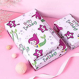 WRAPAHOLIC 5th Birthday Wrapping Paper - Mini Roll - 17 Inch X 16.5 Feet - Adorable Mermaid and Happy Birthday Lettering Design for Party, Baby Shower
