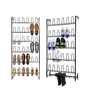 MyGift Black Metal Wall Mounted Boots and Shoe Rack, 18 Pair Entryway Shoe Storage Organizer Stand & Wall Mounted Black Metal 36 Hook Shoe Rack / 18 Pair Entryway Shoe Storage Organizer Stand