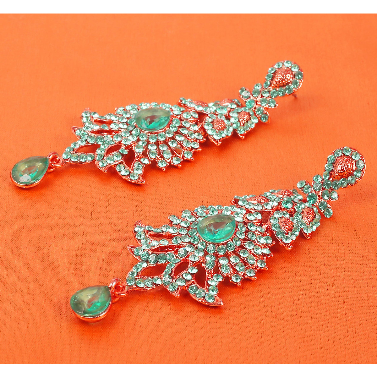 Touchstone Hollywood Glamour Oscar Collection Extra Long Chandelier Earrings, Indian Paisley Motif Filigree Turquoise Blue Rhinestones, Designer Bridal Jewelry, Antique Gold Tone