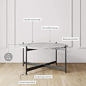 Nathan James Piper Faux White Marble Round Modern Living Accent Side or Coffee, Sofa Center for Dining Room/Tea with Metal Frame, Black