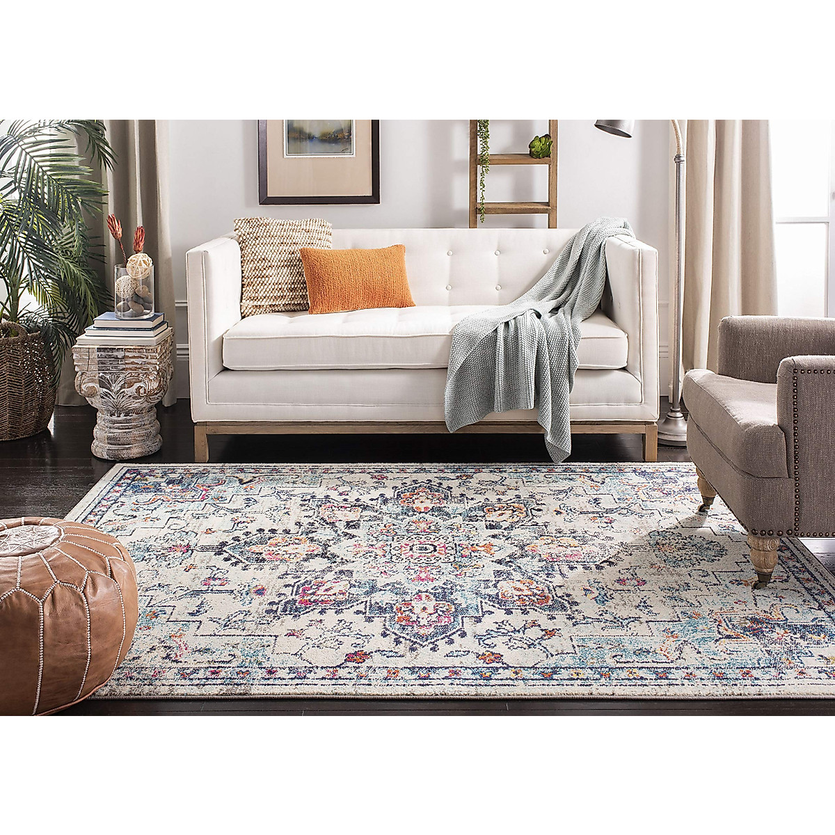 SAFAVIEH Madison Collection Area Rug - 9' x 12', Cream & Blue, Boho Chic Medallion Distressed Design, Non-Shedding & Easy Care, Ideal for High Traffic Areas in Living Room, Bedroom (MAD473B)