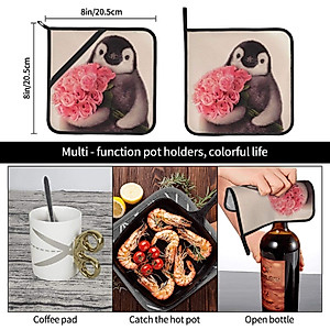 Flower Penguins Pot Holders with Pocket for Kitchen Heat Resistant Oven Hot Pads Potholders for Cooking Baking Grilling Microwave