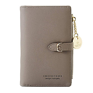 QICHUANG Women's RFID Blocking Short Purse PU Leather Medium Clutch Wallet Bifold Card Coin Holder Organizer Small Lady Purse (gray)