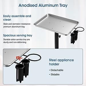 Premium Aluminum Instrument Salon Tray W/Accessory Caddy Tattoo Rolling Tray Station Height Trolley Beauty Tool