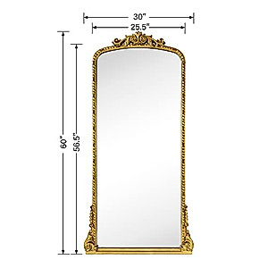 EGHOME Traditional Ornate Floor Mirror Arched Framed Full Length Wall Mirror Baroque Inspired Full Body Mirror, Antiqued Gold 30 x 60''