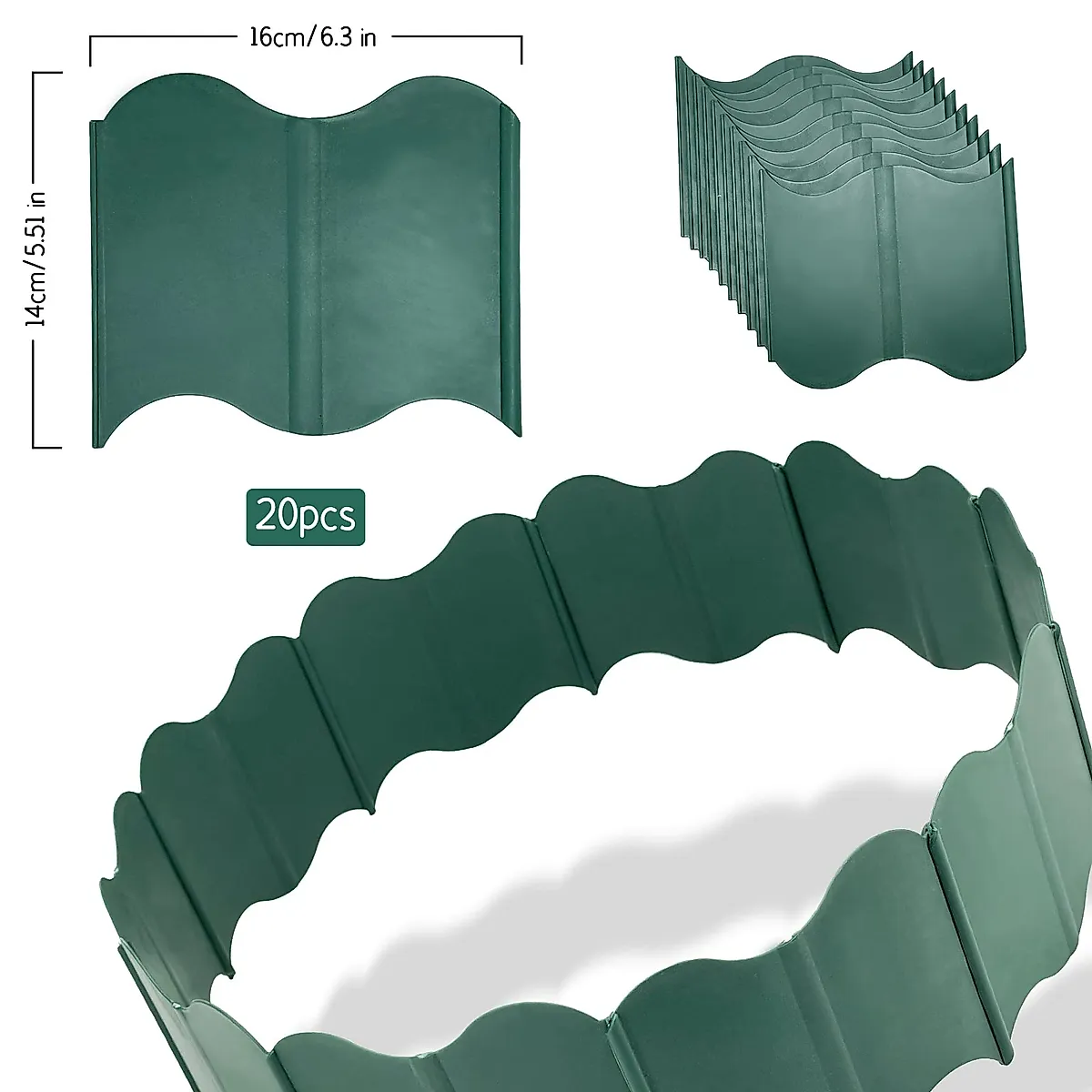 Landscape Edging, Garden Edging Border No Dig, DIY Decorative Flower Grass Bed Border, Plastic Fence for Landscape Border, for Garden/Lawn/Walkway and Landscape Edging - 20pcs (Wave-GN)